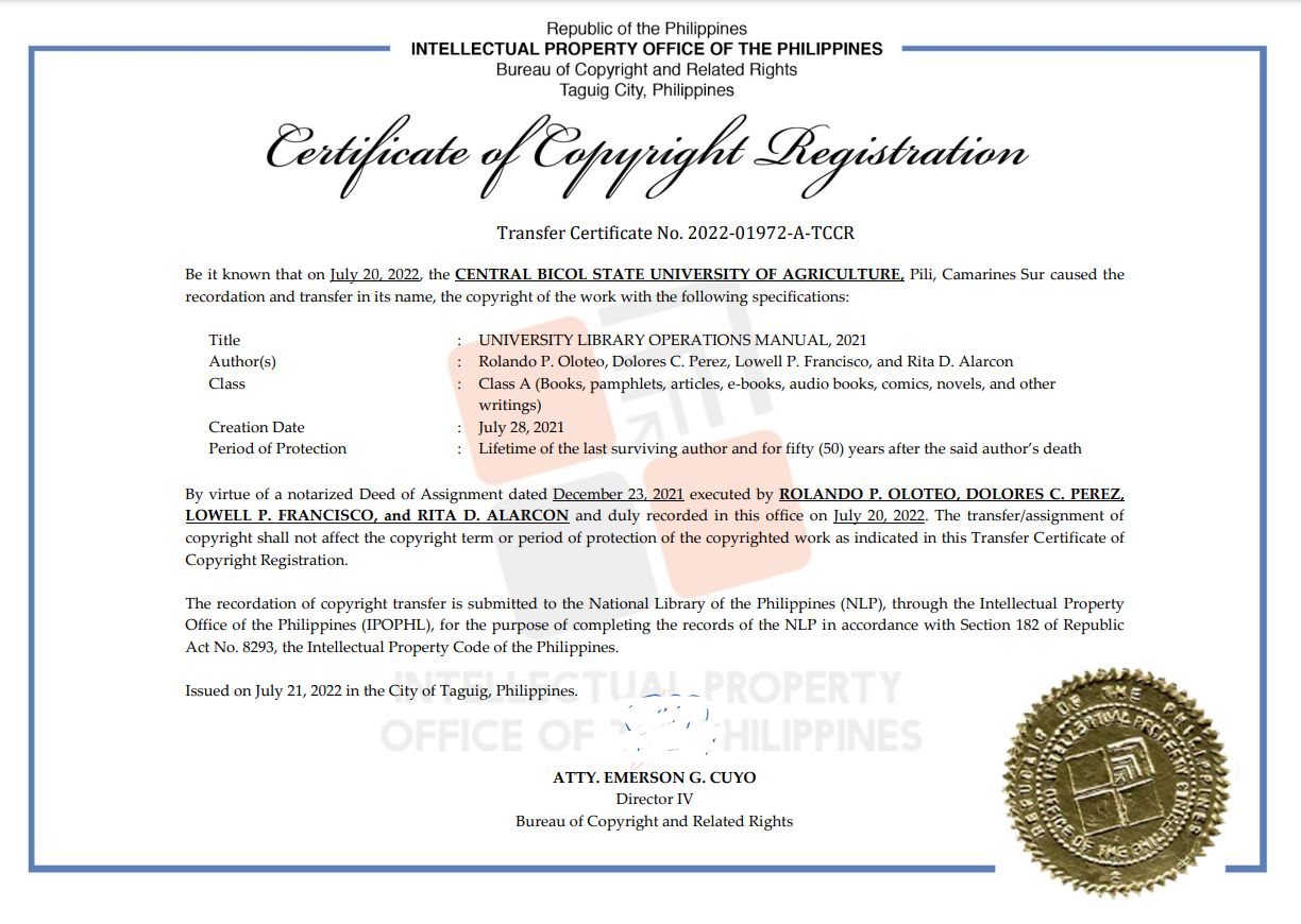 Certificate of Copyright Registration awarded to Library Operations Manual | read